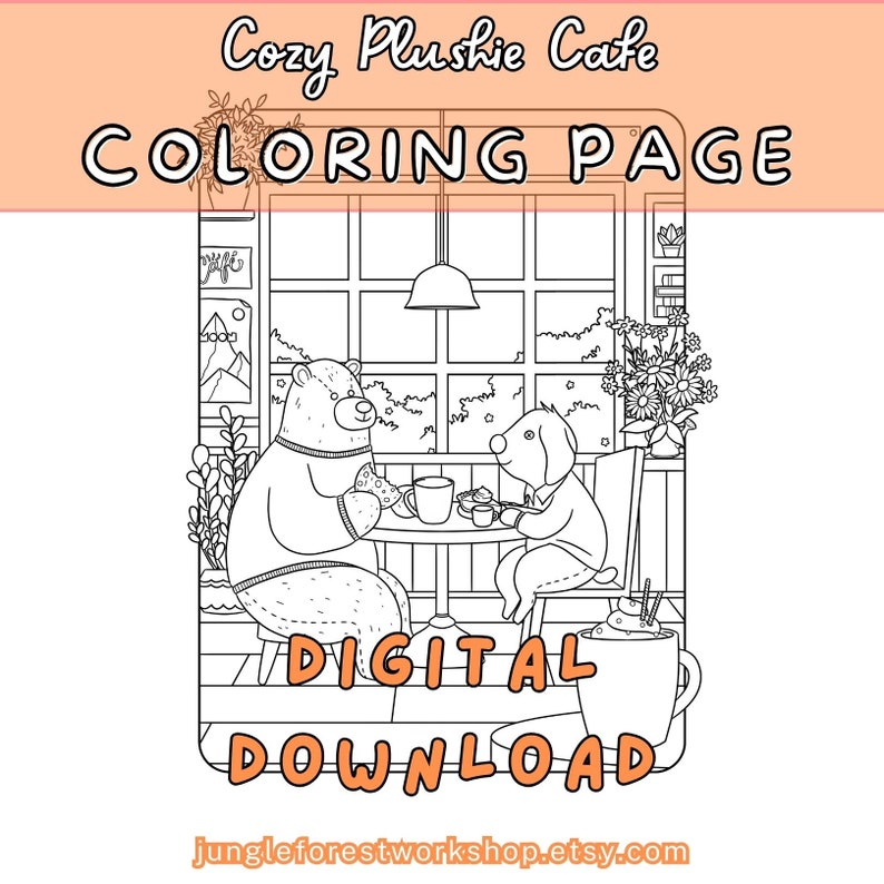 Cozy Cafe Stuffed Animals Coloring Page Hand Drawn Cute Relaxing Stress ...