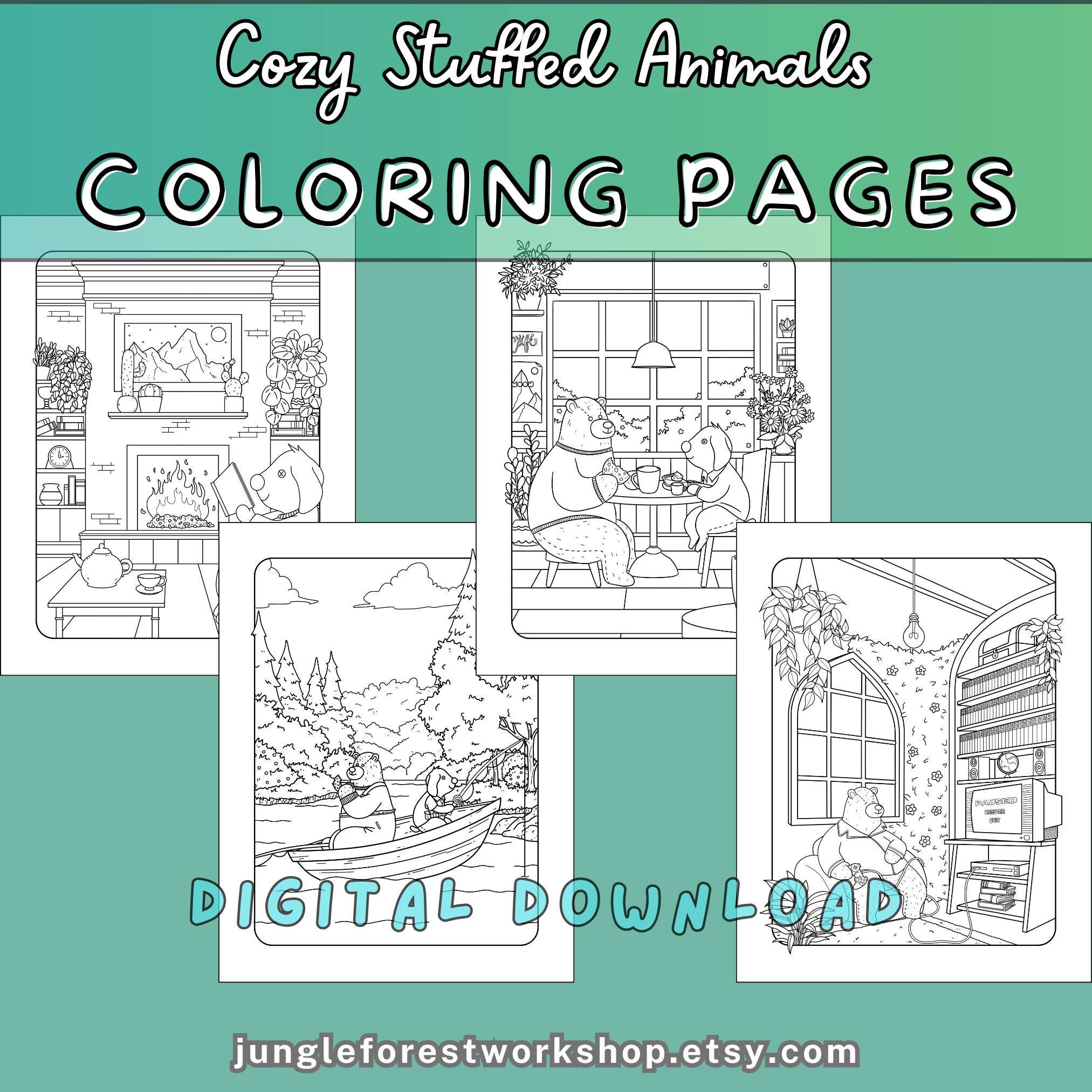 Cozy Dog and Bear Coloring Pages Set Hand Drawn Cute Relaxing Stress ...