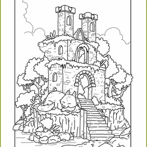 Cute Cozy Giant Animals Fantasy Landscape Hand Drawn Coloring Page Cozy ...
