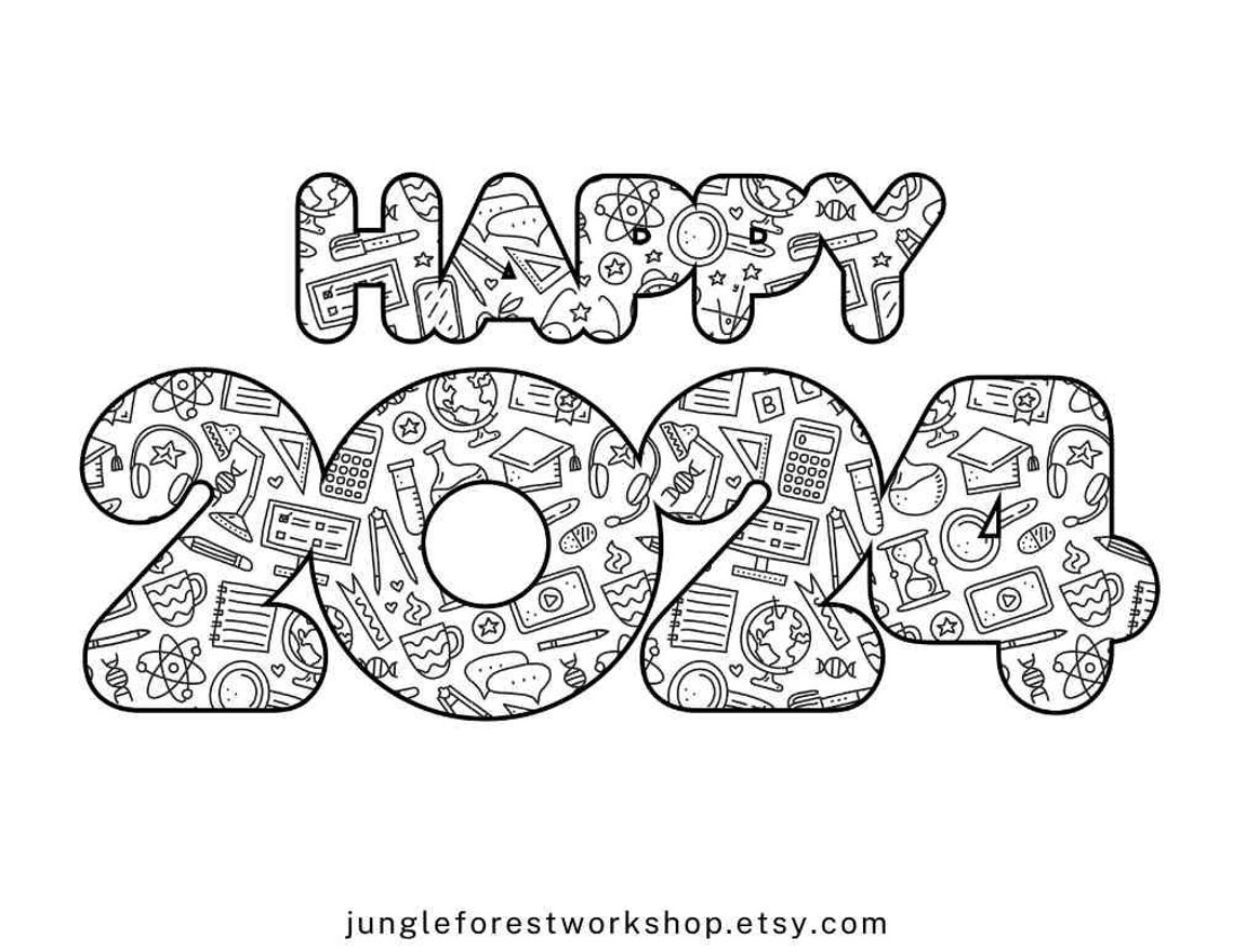 New Year 2024 Coloring Pages 3 Page Coloring Page Bundle Set 2 - Etsy