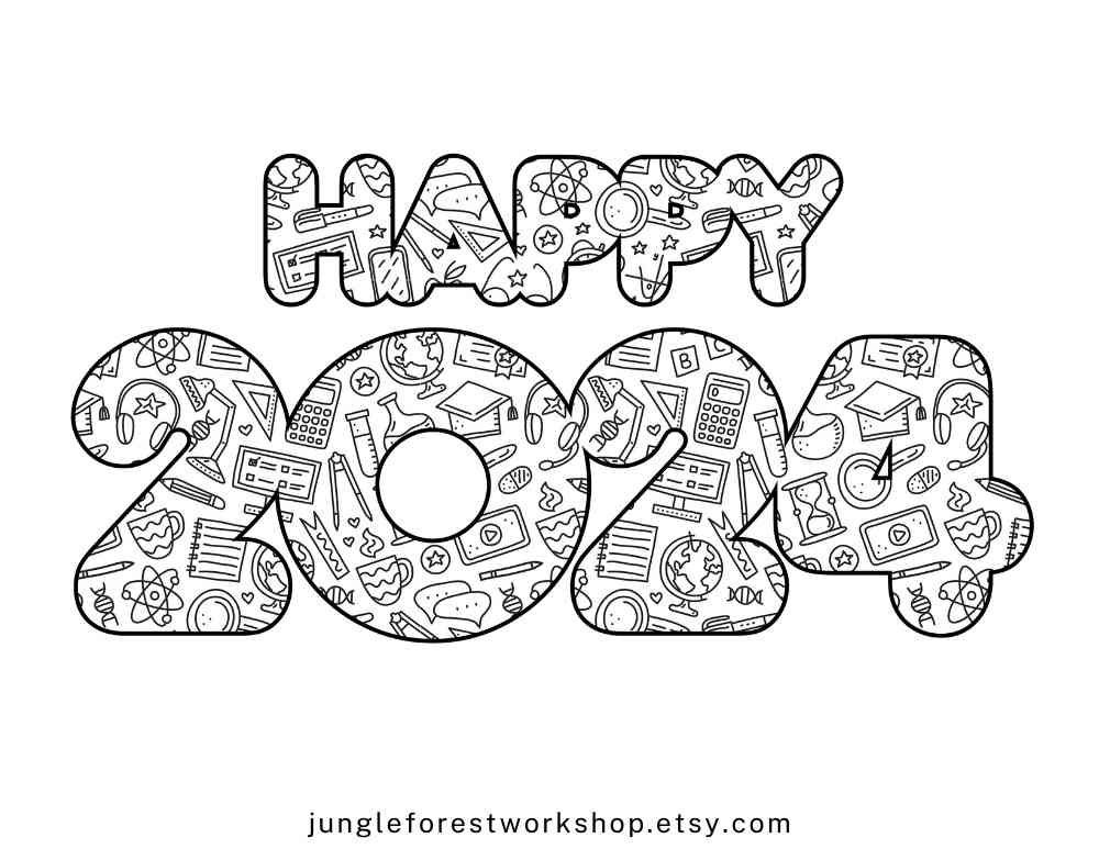 New Year 2024 Coloring Pages 3 Page Coloring Page Bundle Set 2 - Etsy