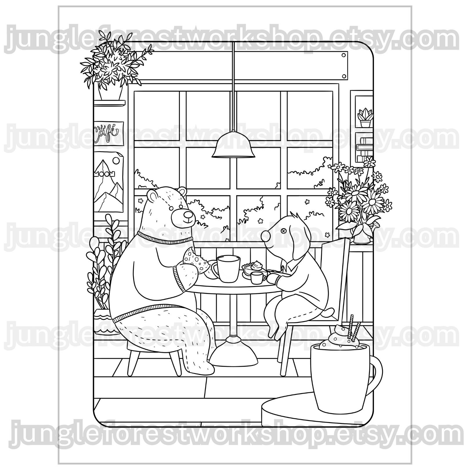 Cozy Cafe Stuffed Animals Coloring Page Hand Drawn Cute Relaxing Stress ...