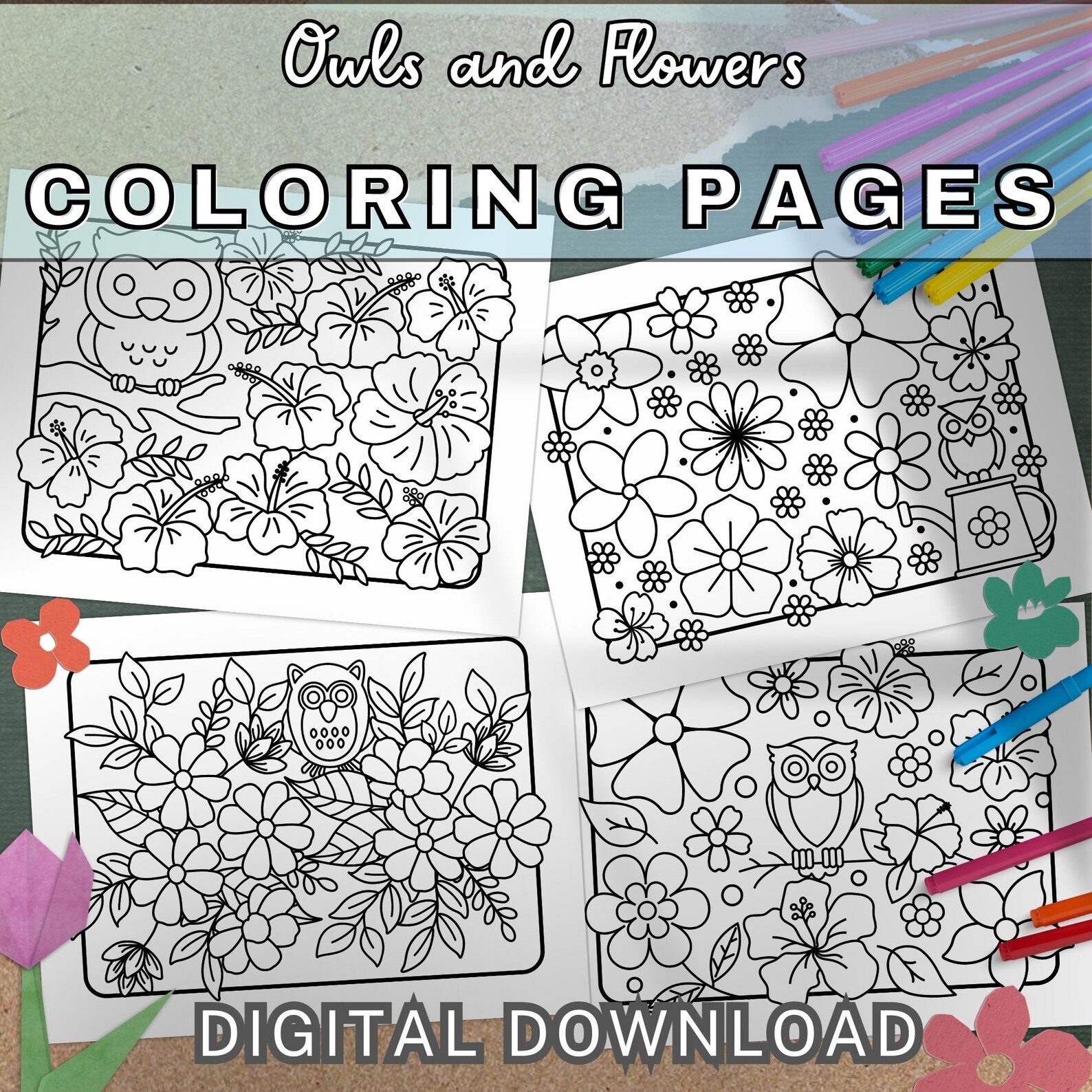 Cute Owl and Flower Coloring Pages 7 Page Cute Cozy Calm Relaxing ...