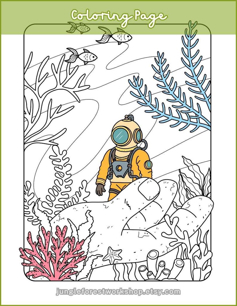 Underwater Deep Sea Diver Explorer Hand Drawn Space Coloring Page Cute ...