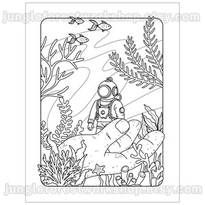Underwater Deep Sea Diver Explorer Hand Drawn Space Coloring Page Cute ...