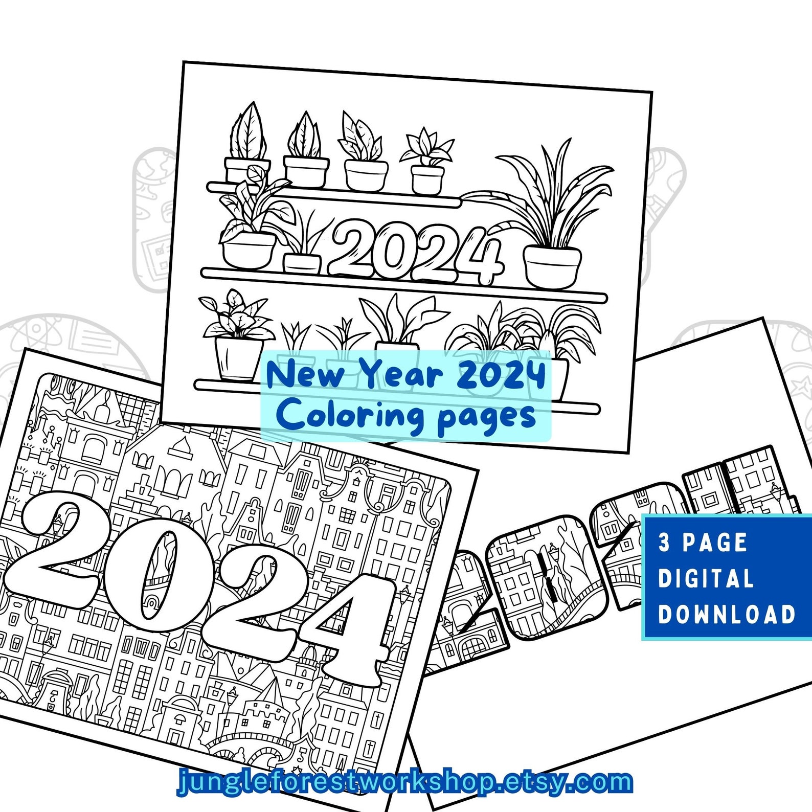 New Year 2024 Coloring Pages 3 Page Coloring Page Bundle Set 3 - Etsy