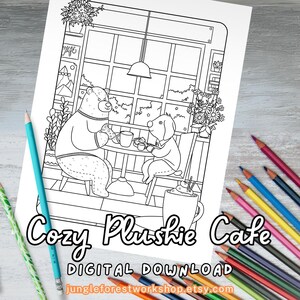 Cozy Cafe Stuffed Animals Coloring Page Hand Drawn Cute Relaxing Stress ...
