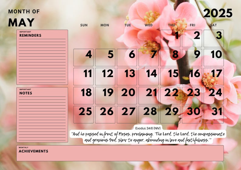 2025 Printable Calendar With Bible Scriptures Floral Christian Calendar ...