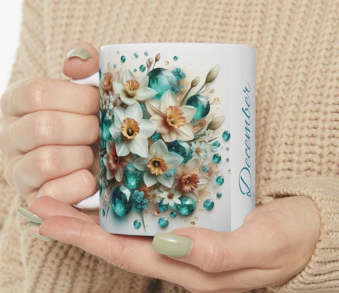 December Narcissus Birth Flower & Blue Topaz Birthstone Mug, Coffee Mug ...