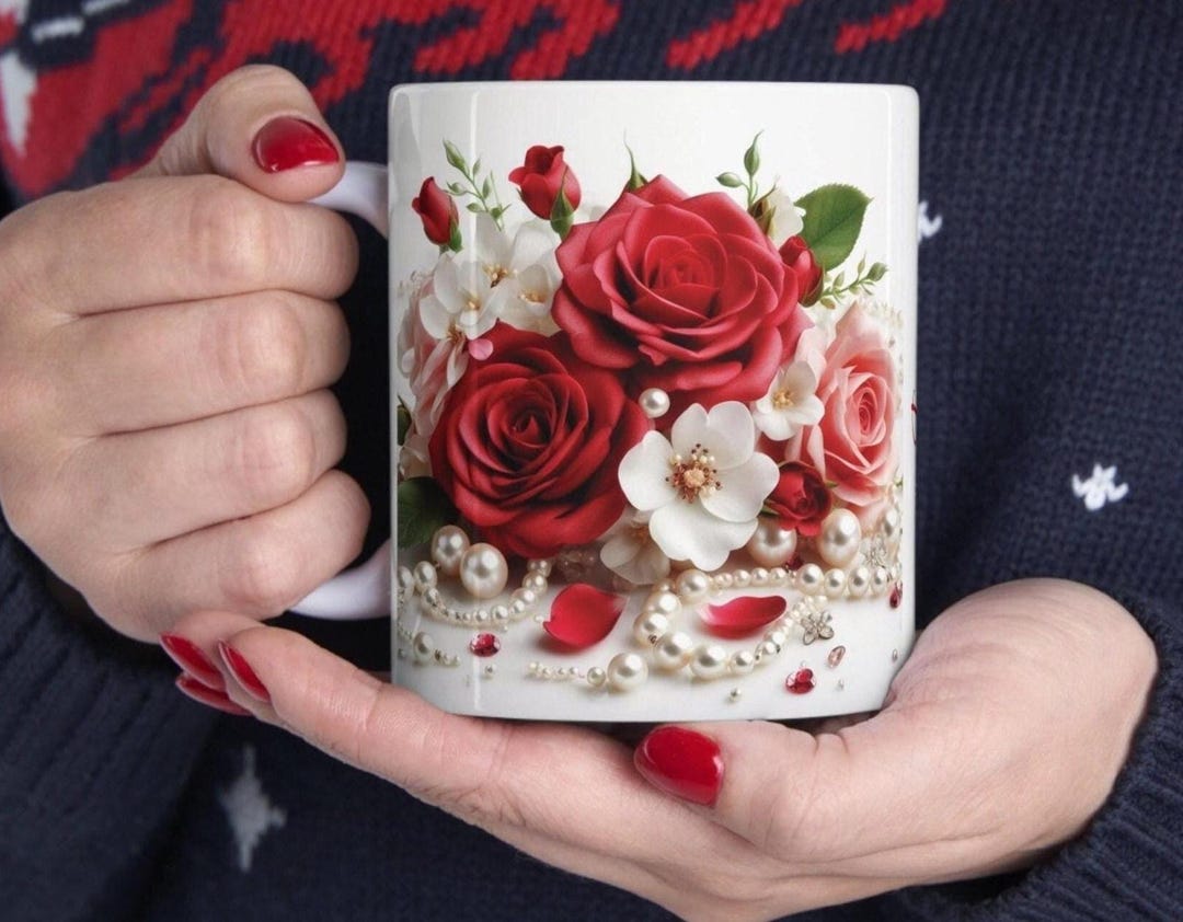 June Red and Pink Rose Birth Flower and Pearl Birthstone Mug ...