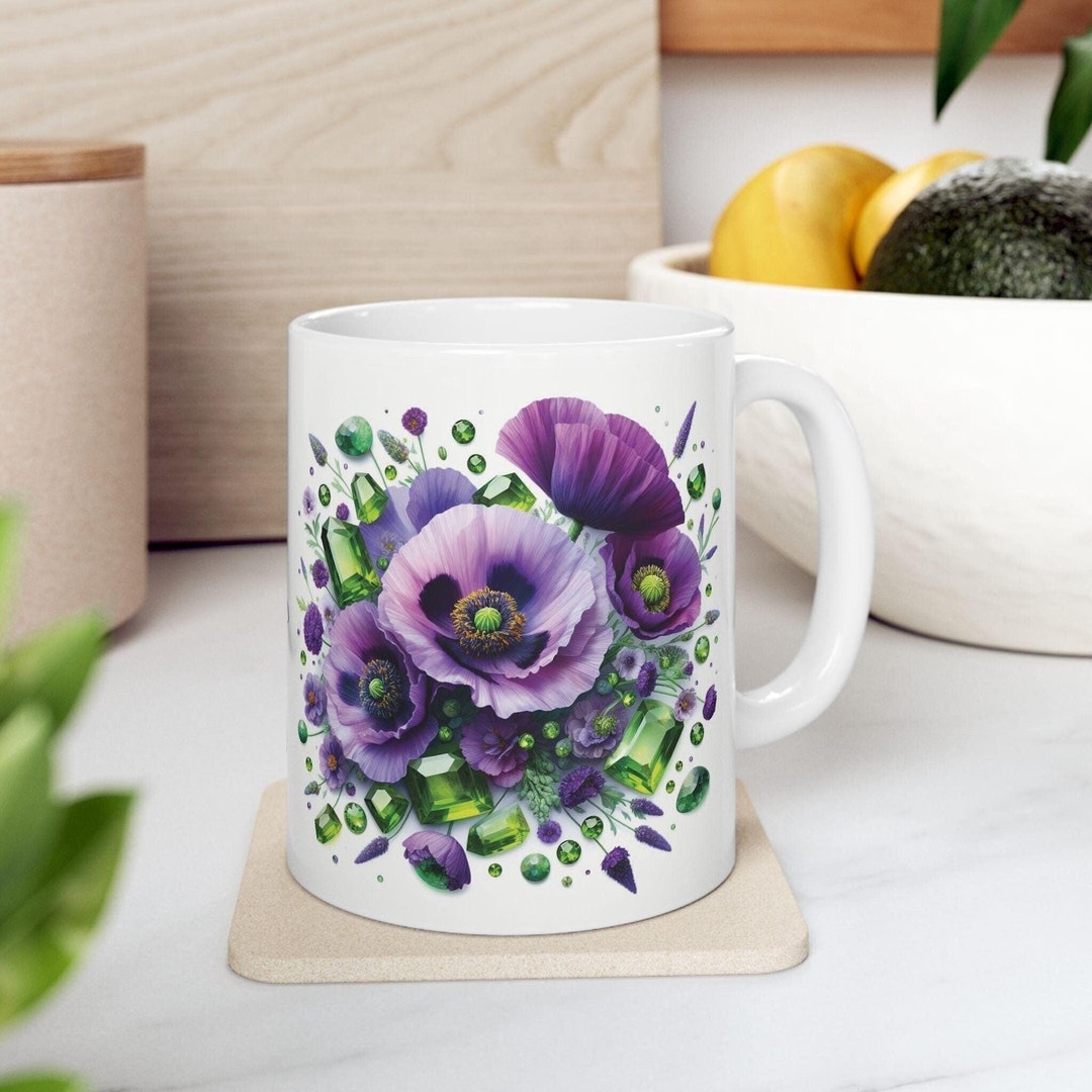 August Birth Flower Mug: Purple Poppy & Peridot Design - Etsy