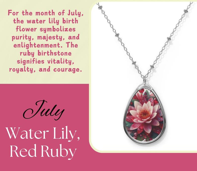 July Water Lily Birth Flower and Ruby Birthstone Necklace, Birthday ...