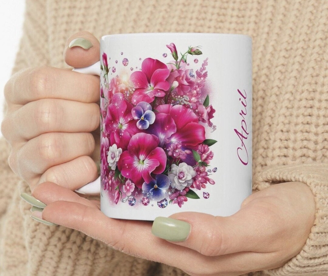 April Sweet Pea & Diamond Mug: Birth Flower Gift - Etsy