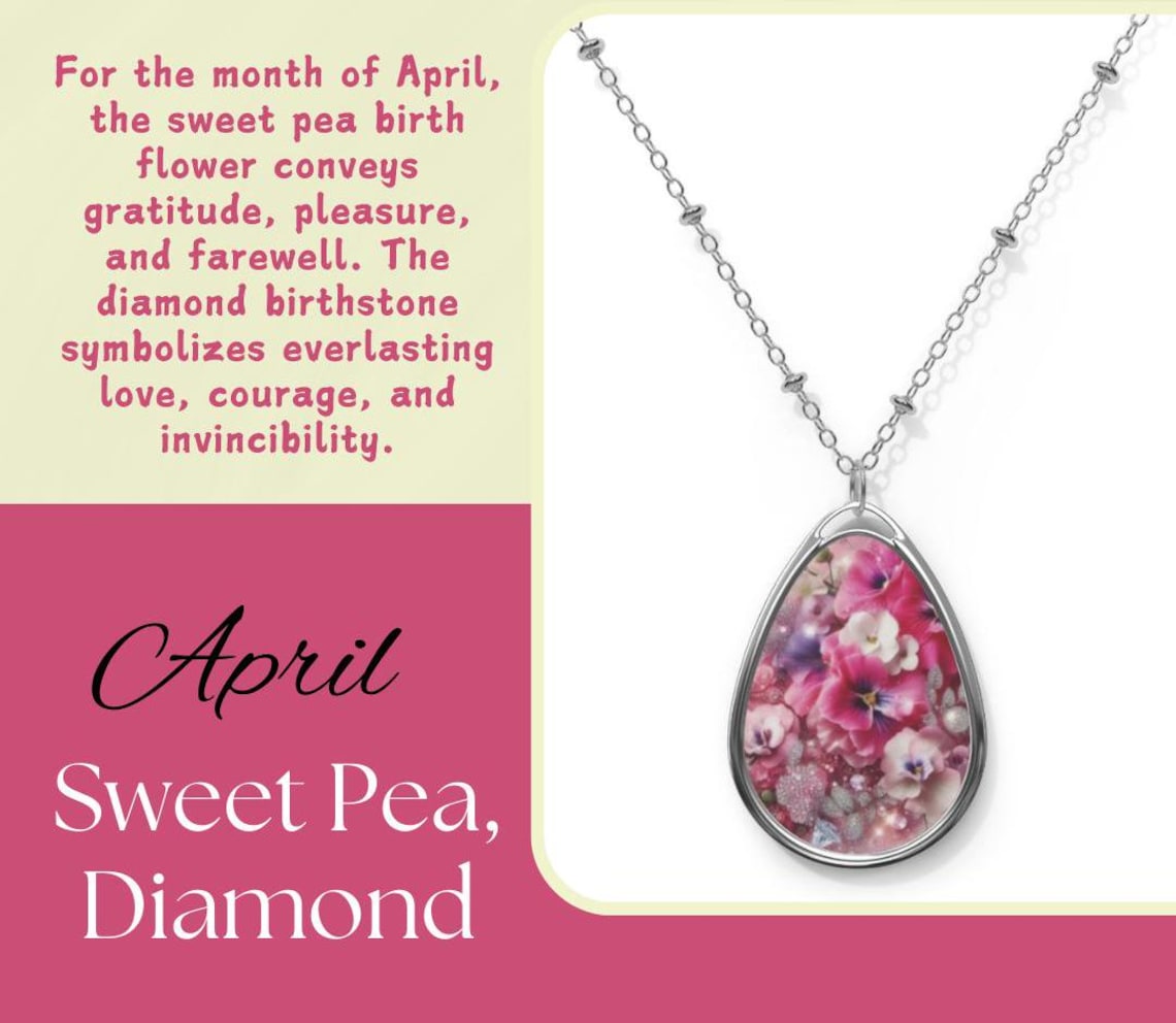 April Sweet Pea Birth Flower and Diamond Birthstone Necklace, Pendant ...