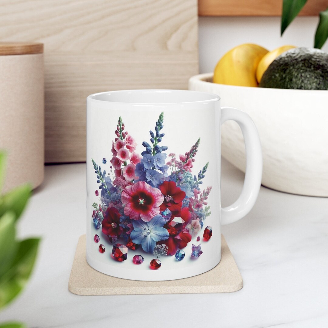 July Larkspur Birth Flower and Ruby Birthstone Mug, Anniversary Gift ...