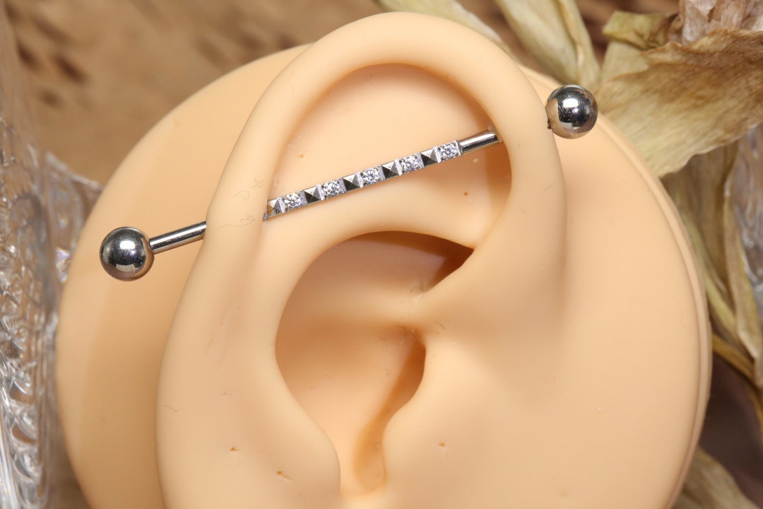 Industrial Bar Cz/pyramid 38mm Industrial Piercing Jewelry 14G Industrial Barbell Surgical Steel ...