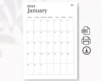 Printable Calendar 2024 Monthly Planner 2024 A4 and A5 Size Minimalist ...