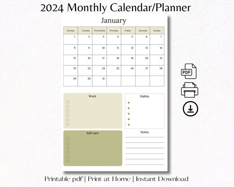 2024 Printable Monthly Calendar 2024 Monthly Organiser Digital Instant ...