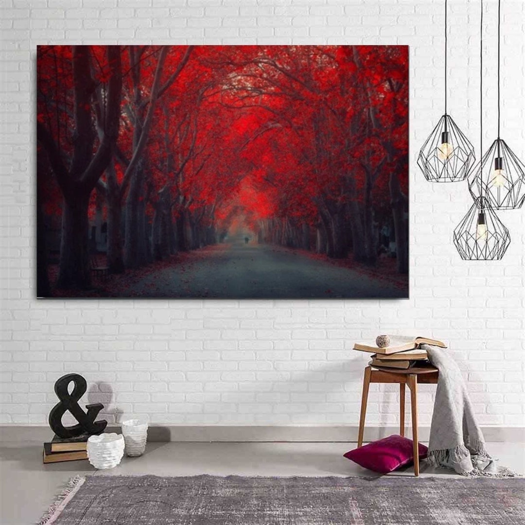 Beautiful Red Tree Park Poster,red Leaves Forest Canvas Wall Art ...