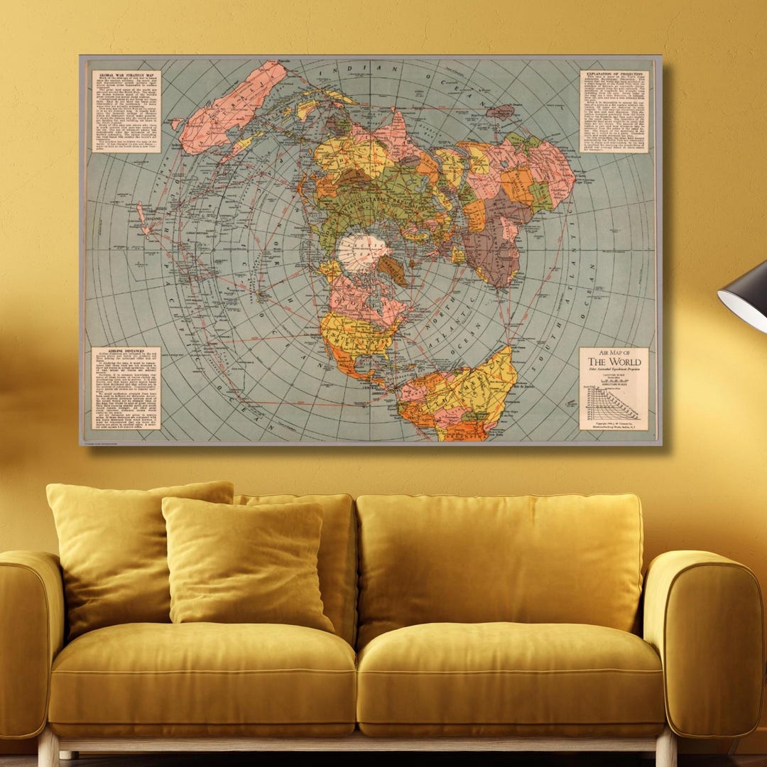 Flat Earth Map Polar Azimuthal Equidistant Projection 1943 WWII Canvas ...