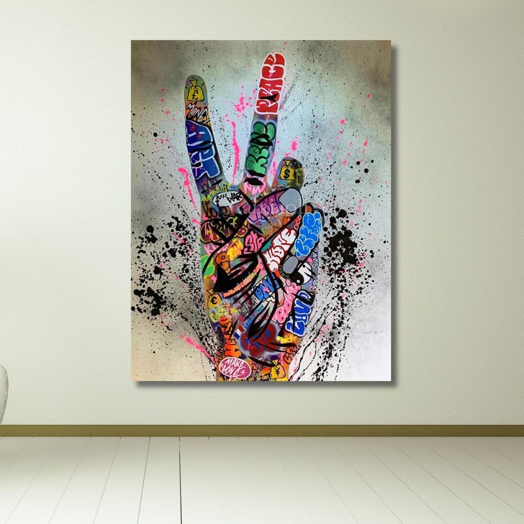 Banksy Victory Sign Graffiti Ready to Hang Wall Art Decor, Hand Gesture ...