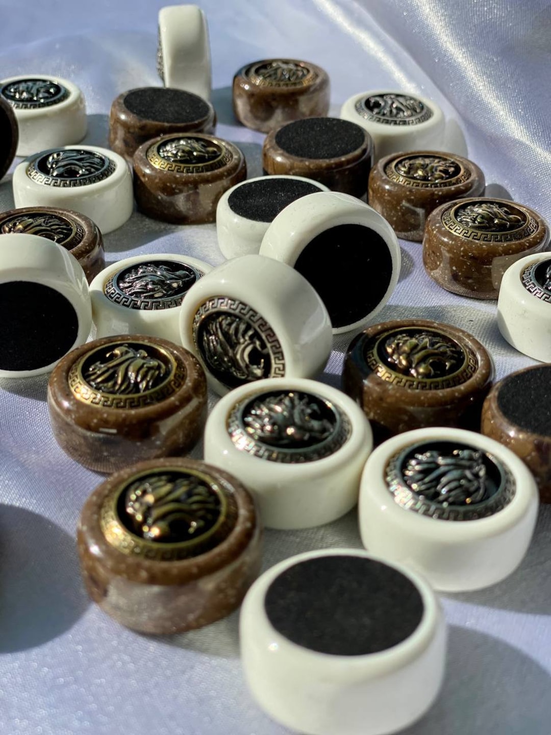 Acrylic Stone Backgammon Pieces With Gold and Silver Lion Picture ...