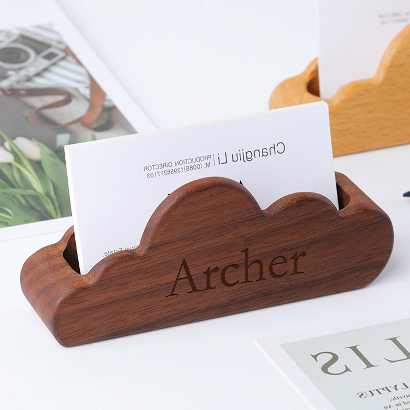 Personalized Business Card Holder, Multi-shaped Walnut Desk Storage ...