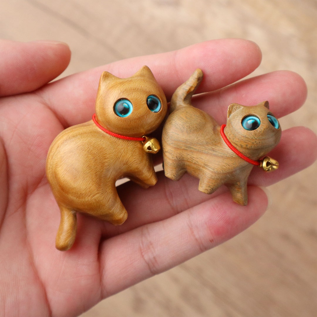 Handmade Wooden Cat Statue With a Small Bell so Cute Cat Gift ...