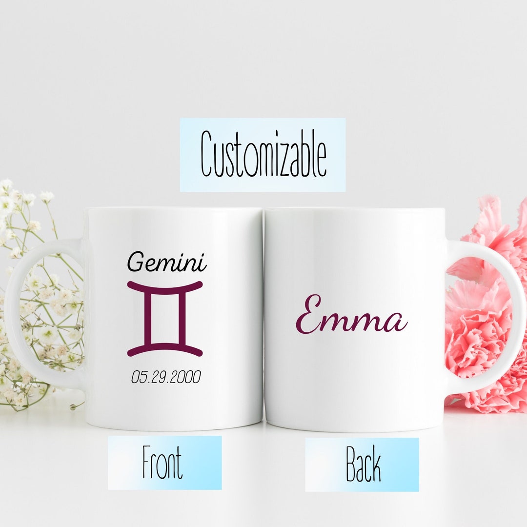 Gemini Zodiac Sign Customizable Name Coffee Mug. Displayed in Purple ...