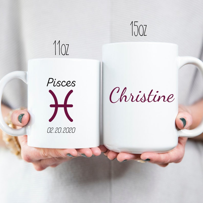 Pisces Zodiac Sign Customizable Name Coffee Mug. Displayed in Purple ...