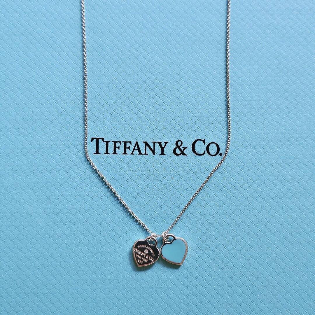 Tiffany & Co. Please RTT Mini Double Heart Tag Diamond Blue Enamel ...