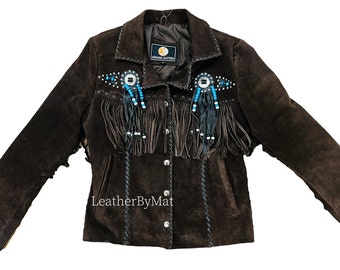 Womens Western Style Native Women Suede Leather Jacket With Fringes Women Suede Leather Fringed ...