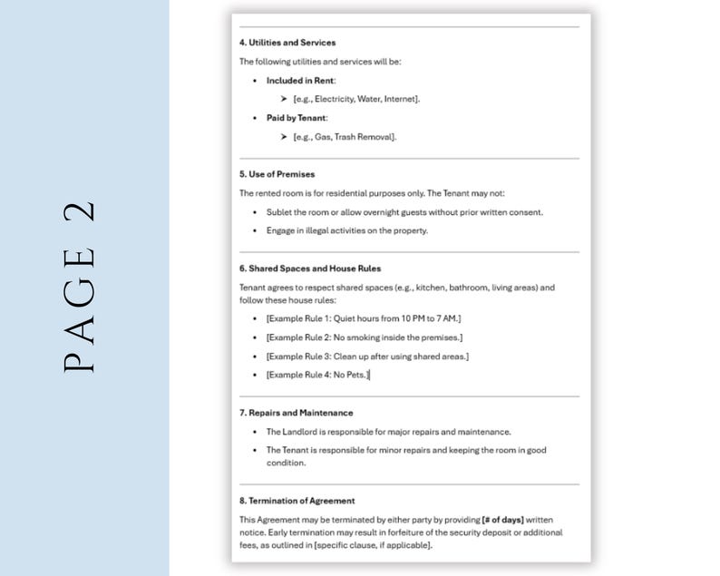 Room Rental Agreement, Editable Rental Contract, Sublease Agreement ...