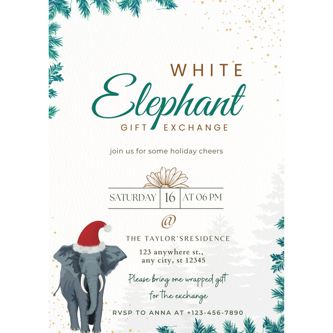 White Elephant Party Invitation Template, Editable Party Invitation ...