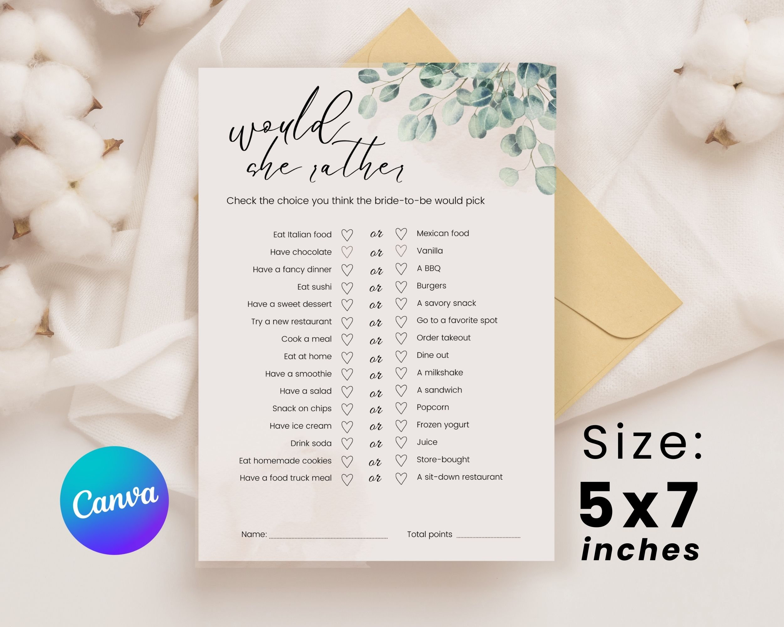 Would She Rather Bridal Shower Game Template - Food Edition, Would ...