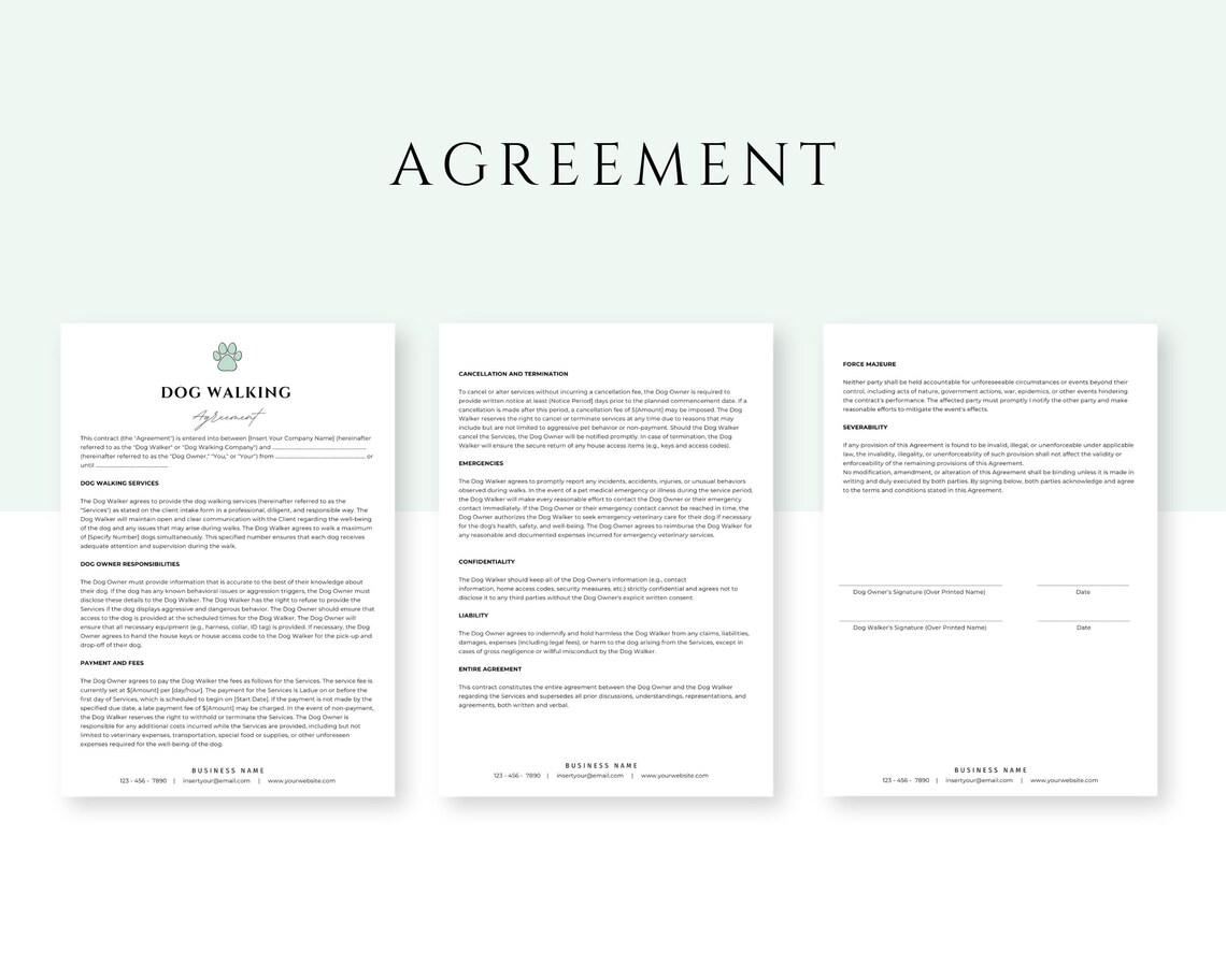 Dog Walking Contract Template, Pet Sitting Forms, Editable Pet Business ...