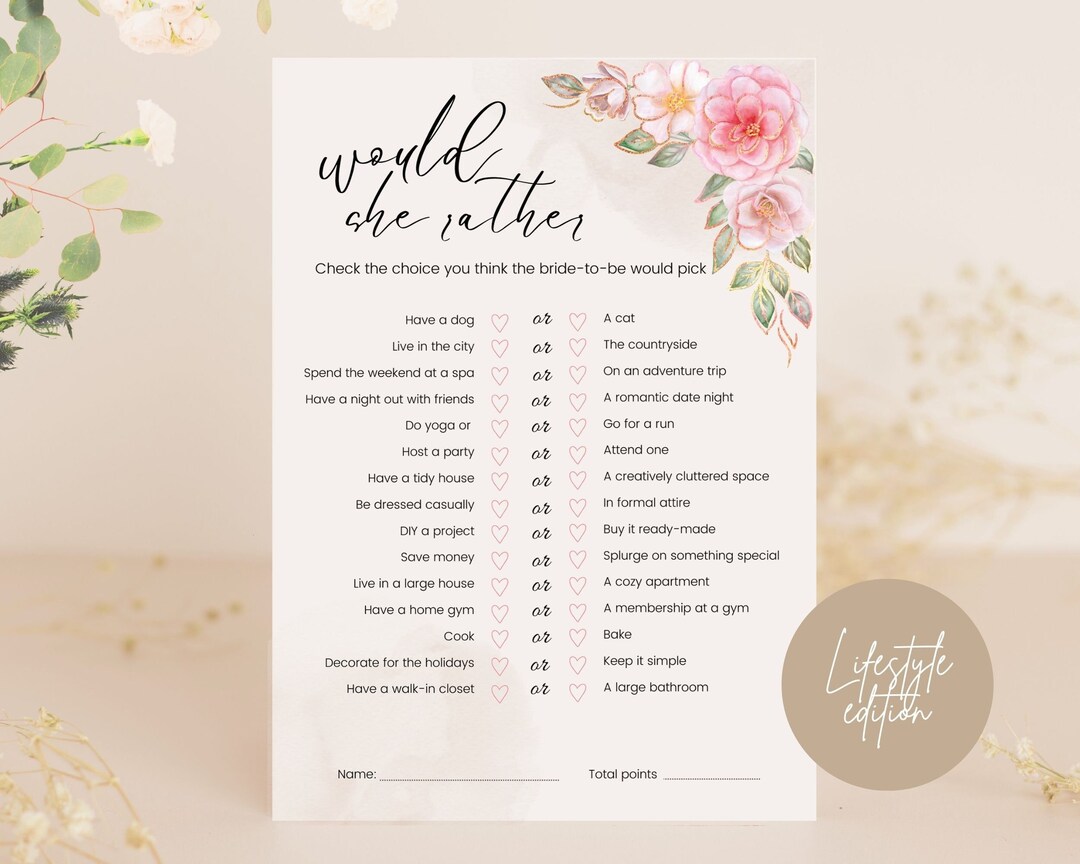 Would She Rather Bridal Shower Game Template - Lifestyle Edition, Would ...