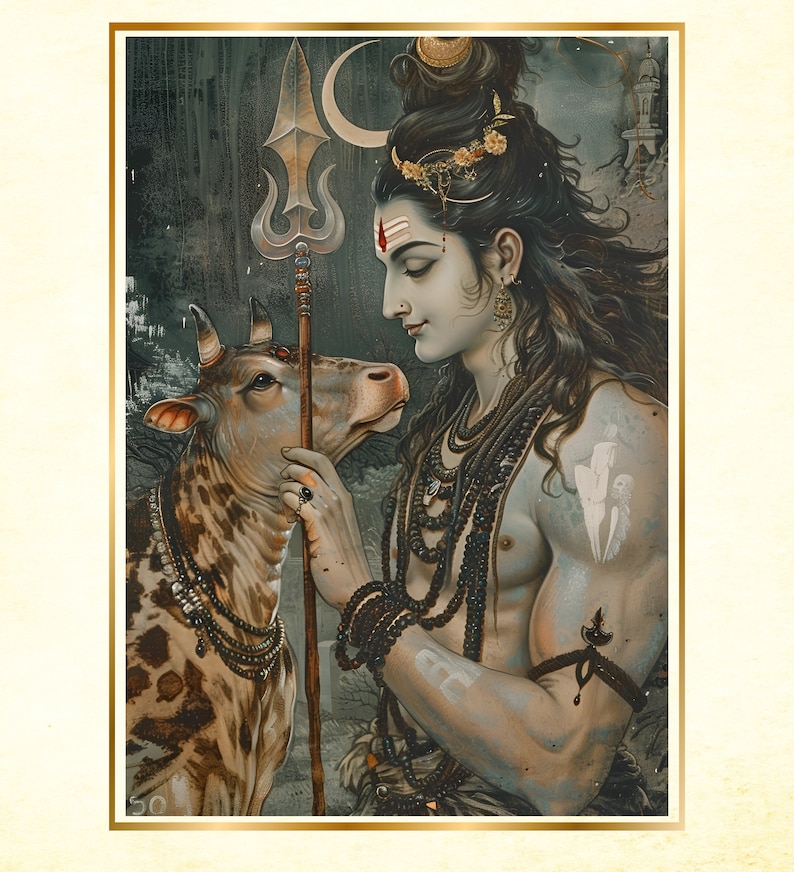 Hindu Religious Vintage Poster: Lord Shiva Contemplating With Nandi - Etsy