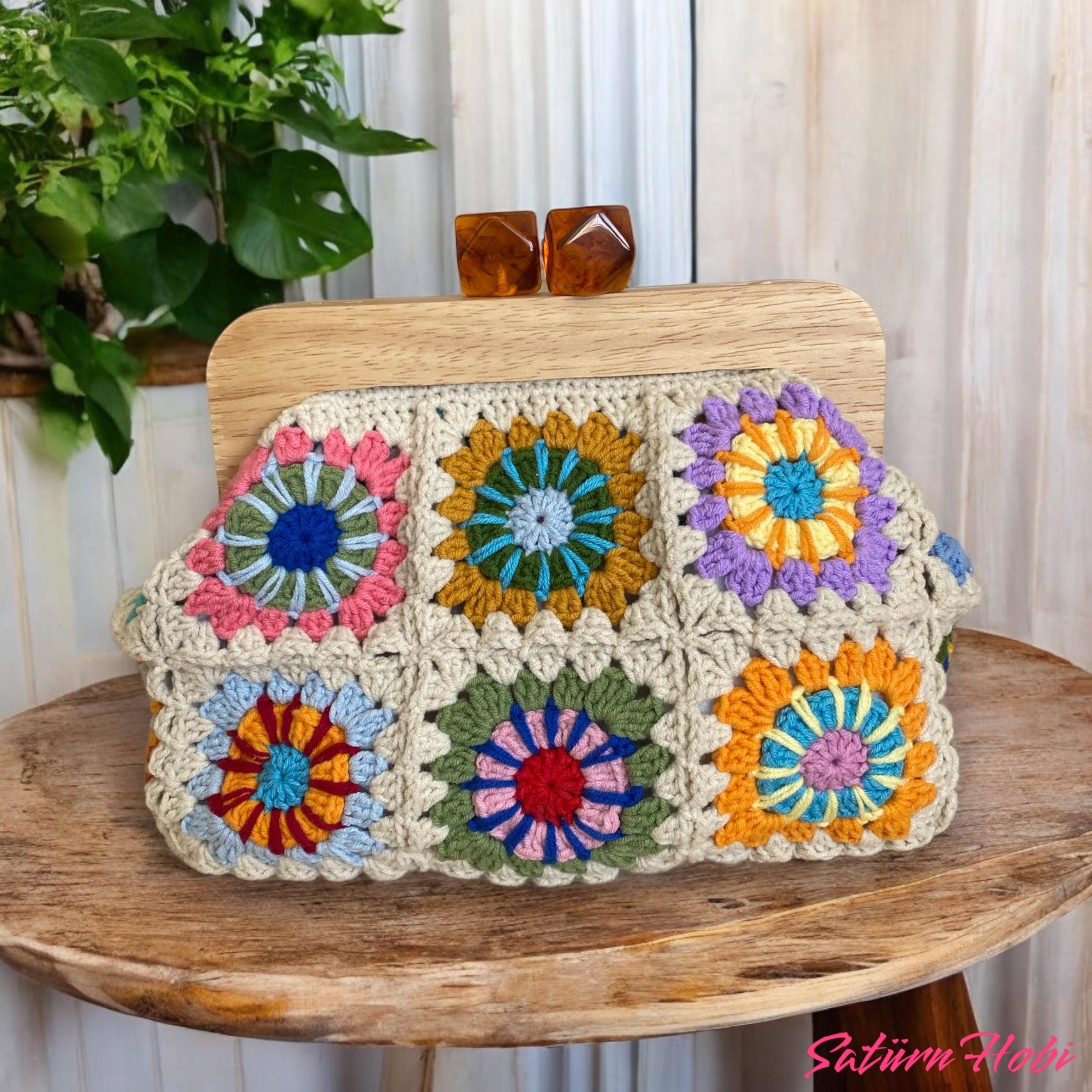 Crochet Granny Square Wooden Kiss Lock Purse, Crochet Colorful Clutch ...