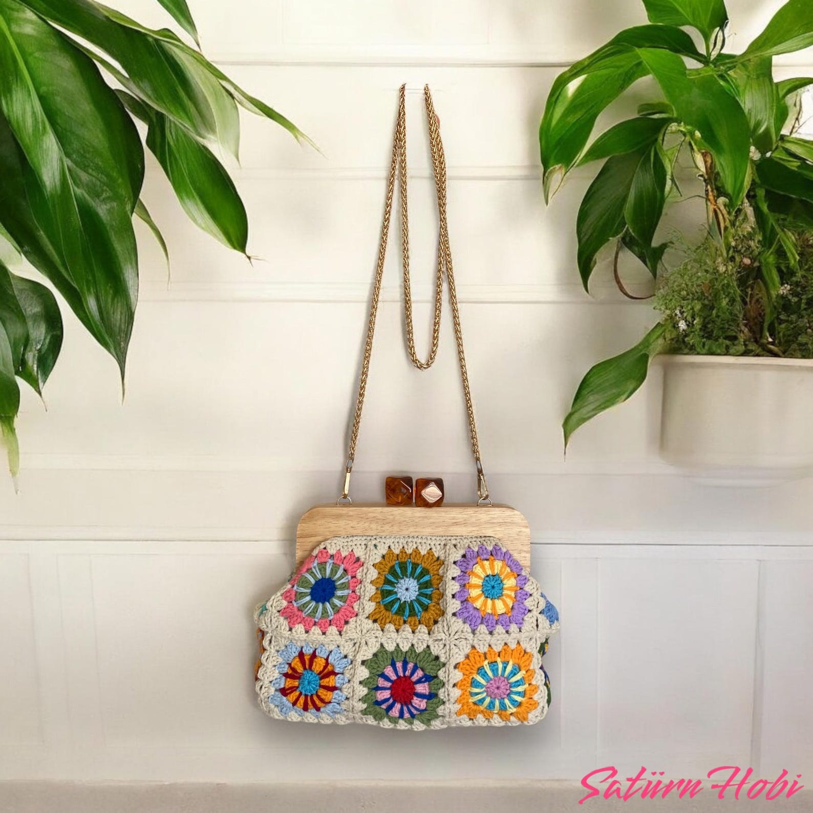 Crochet Granny Square Wooden Kiss Lock Purse, Crochet Colorful Clutch ...