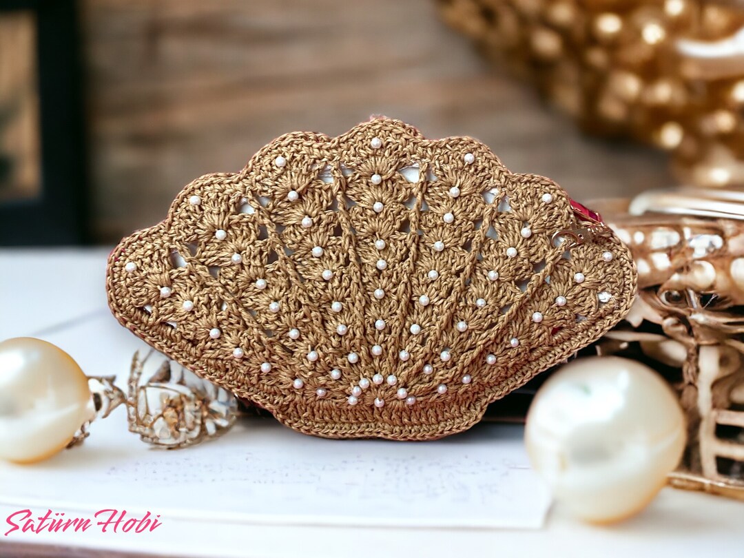 Crochet Raffia Oyster Shell Bag With Chain Strap, Pearly Mussel ...
