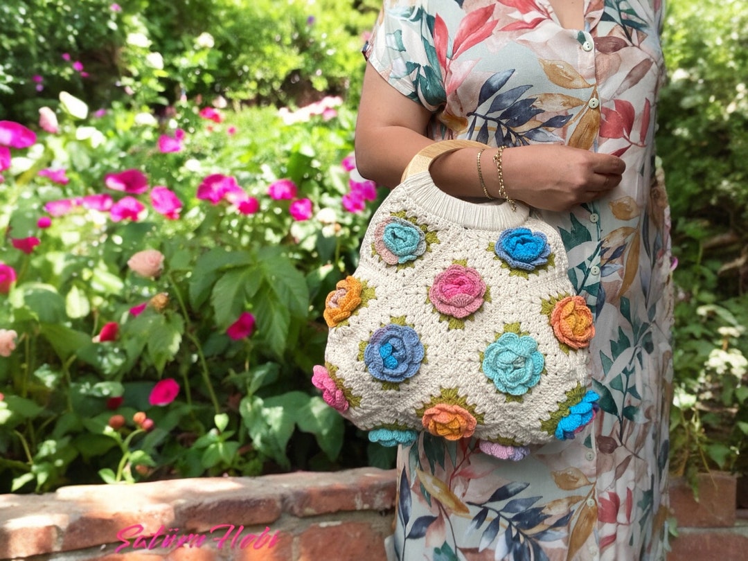 Crochet Roses Bag With Wooden Handle, Granny Square Bag With Lined İn Vintage Style - Etsy