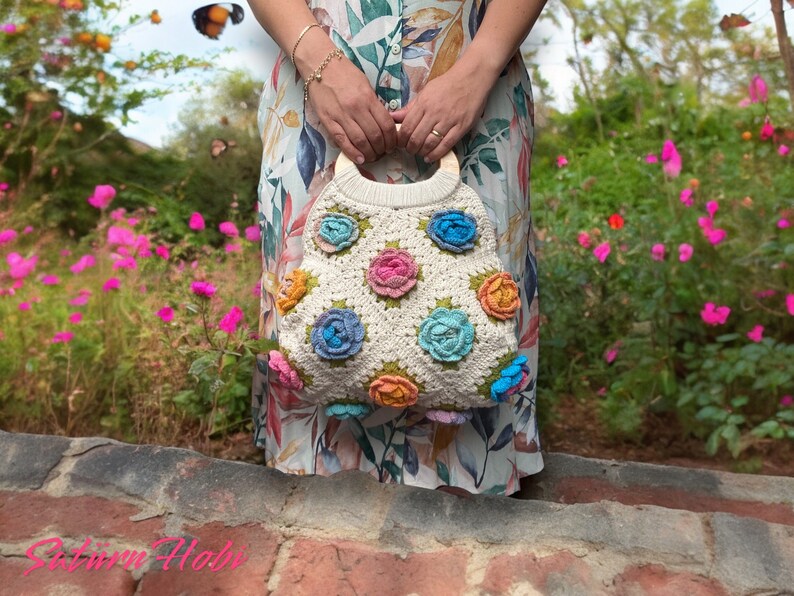 Crochet Roses Bag With Wooden Handle, Granny Square Bag With Lined İn Vintage Style - Etsy