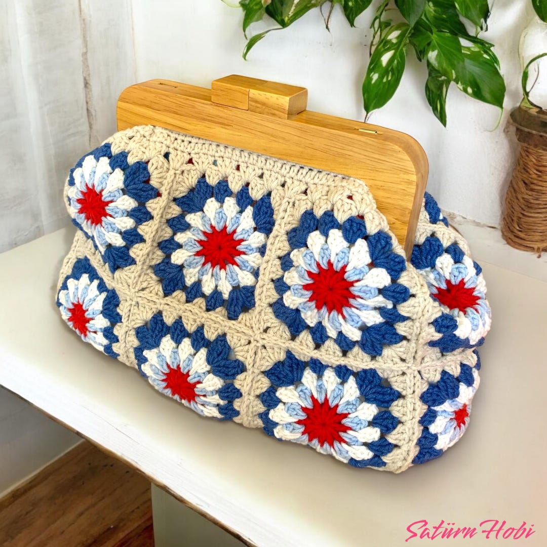Crochet Granny Square Devil Eye Bead Beige Wooden Kiss Lock Clutch Bag ...