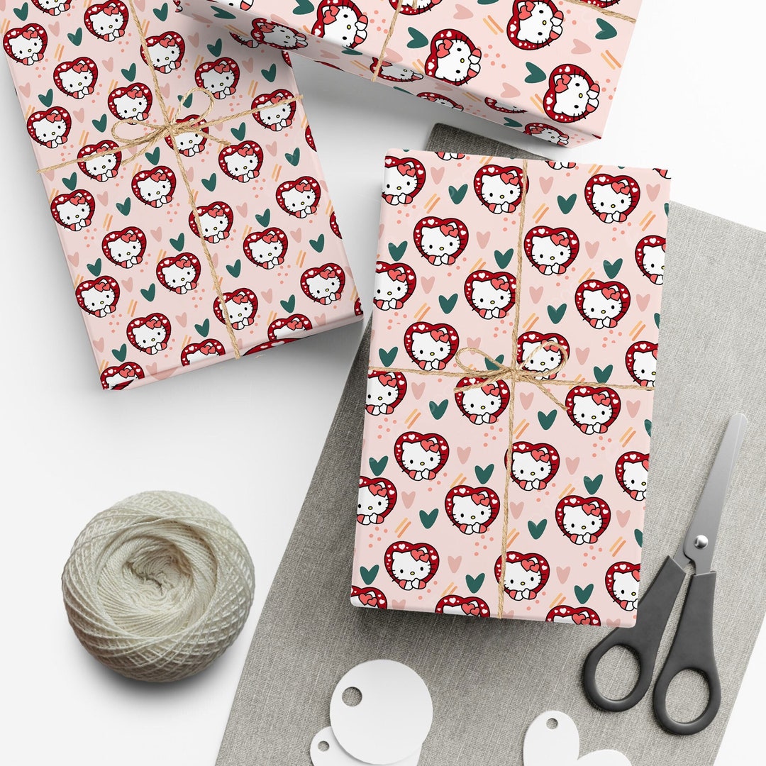 Kitty With Heart Valentine Gift Wrapping Paper, Kitty Wrap Paper ...