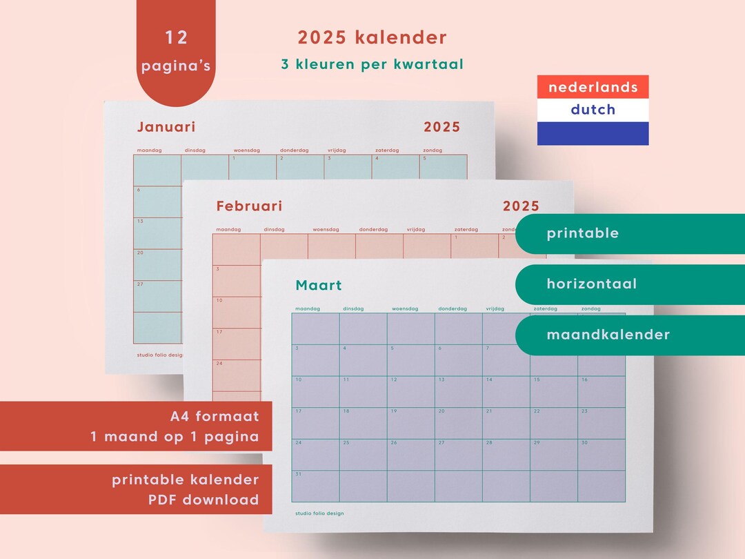 Dutch 2025 Monthly Planner Printable Calendar 2025 Minimalist Colorful ...