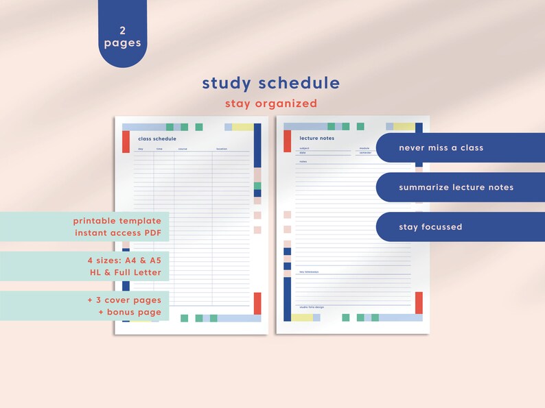 Study Schedule Class Schedule Lecture Note Taking College Student Downloadable Pdf Half Letter ...