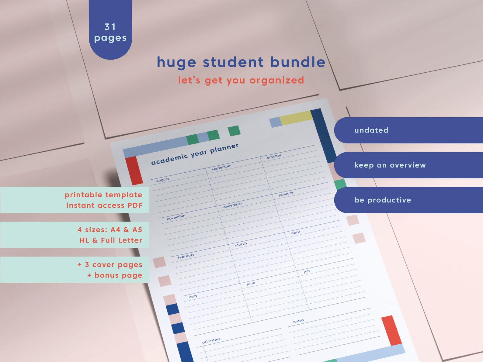 Student Planner Printable: Academic Organizer, Undated - A4 - Full ...