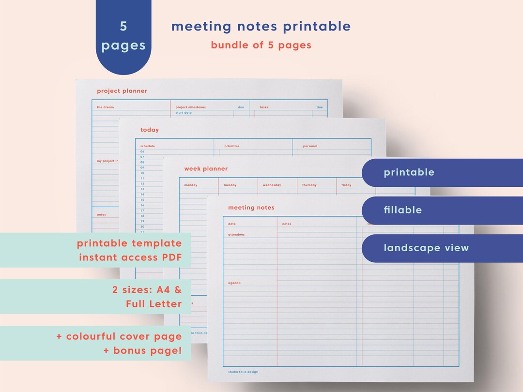 Meeting Notes Printable Work Organizer Business Planner Daily Schedule ...