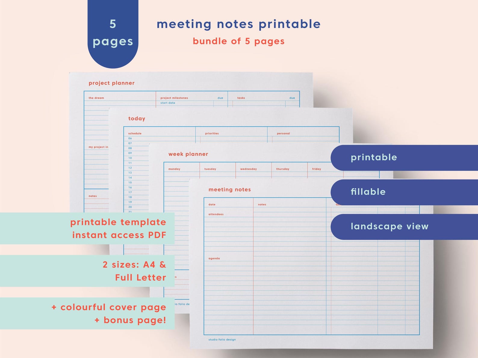 Meeting Notes Printable Work Organizer Business Planner Daily Schedule ...
